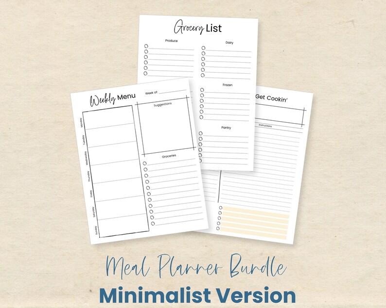 Minimalist Printable Meal Planner Bundle, Grocery Lists, Recipe Cards ...