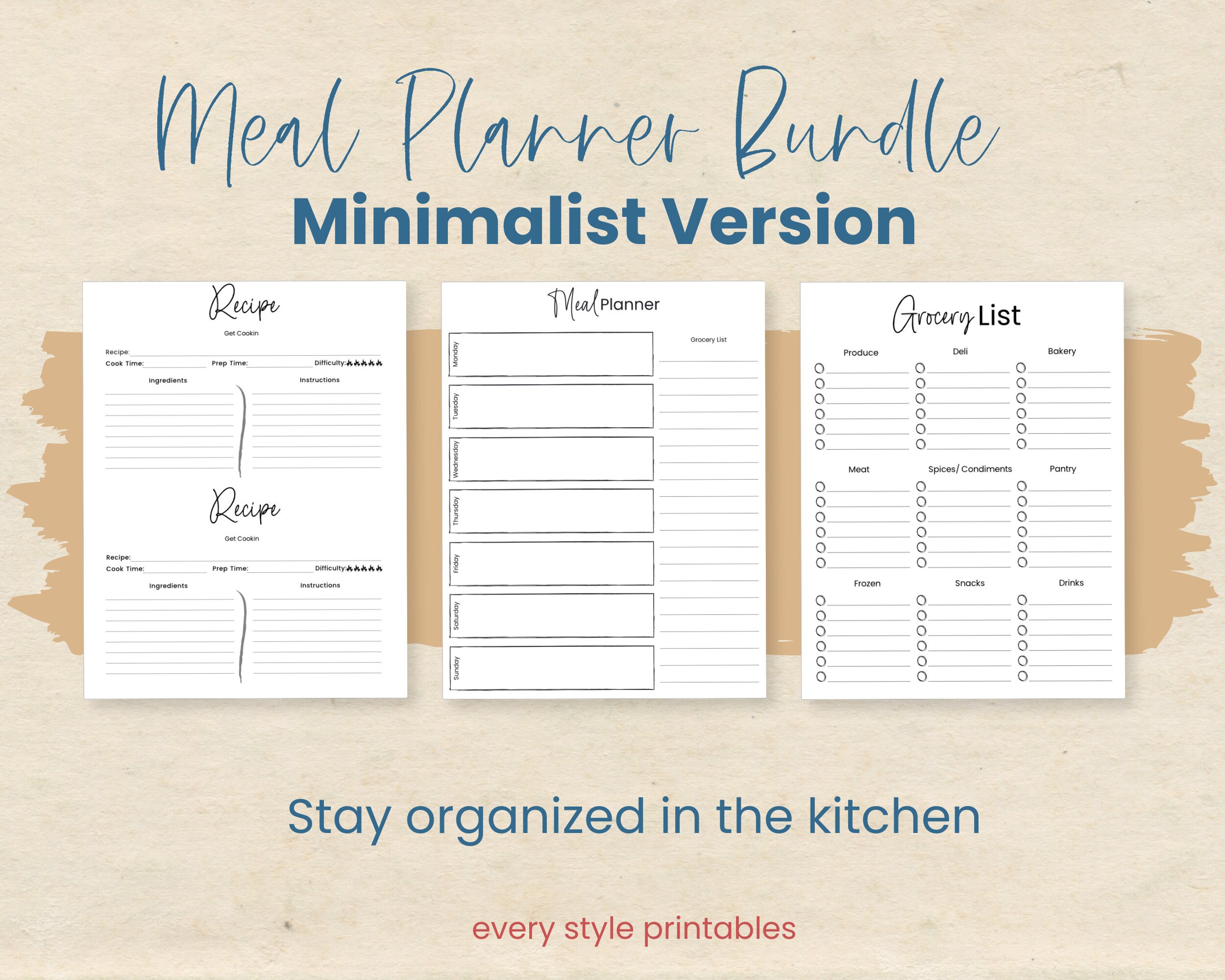 Minimalist Printable Meal Planner Bundle, Grocery Lists, Recipe Cards ...
