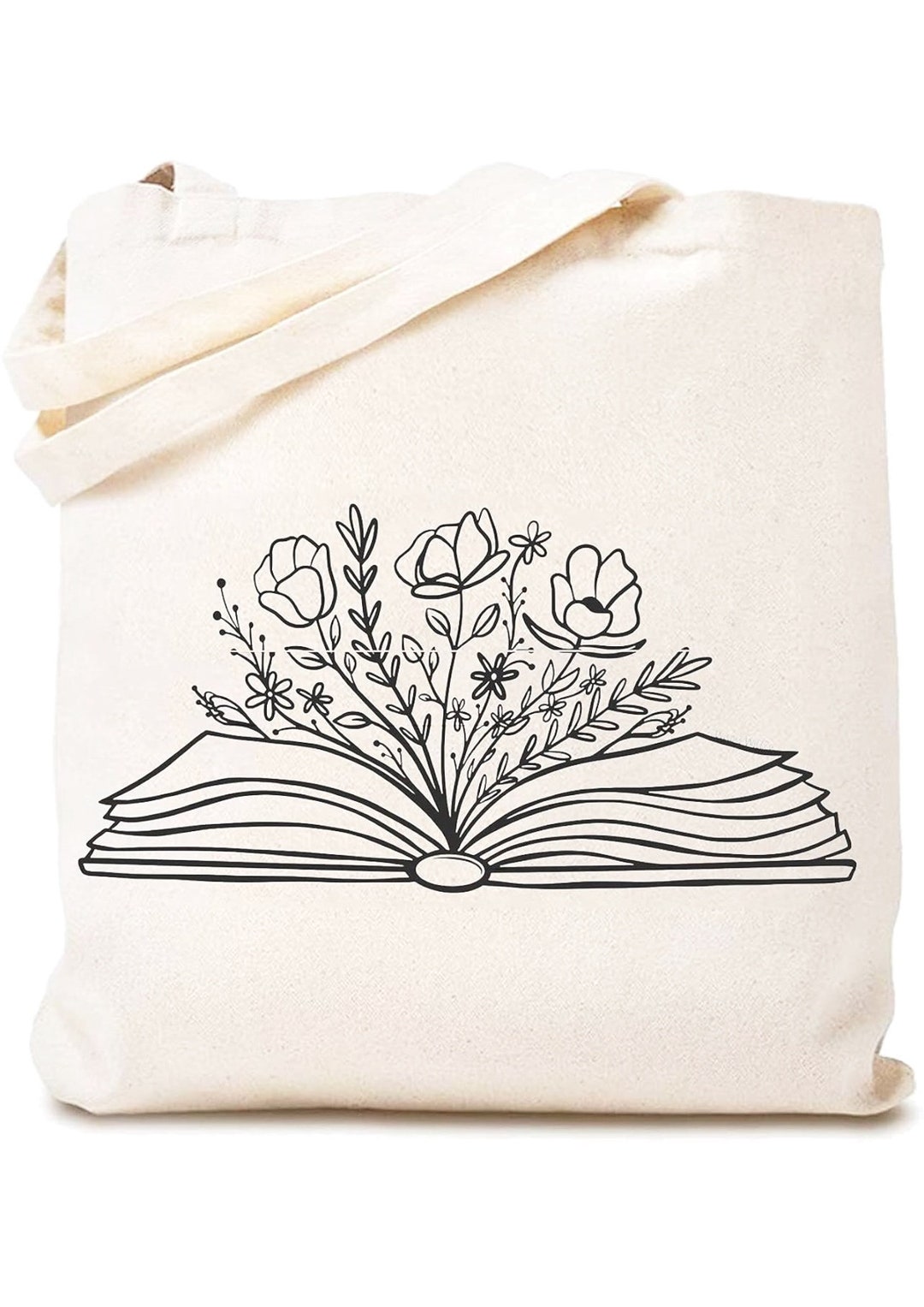 Flowers With Book Canvas Tote Bag / Floral Book / Reusable Shopping Bag ...