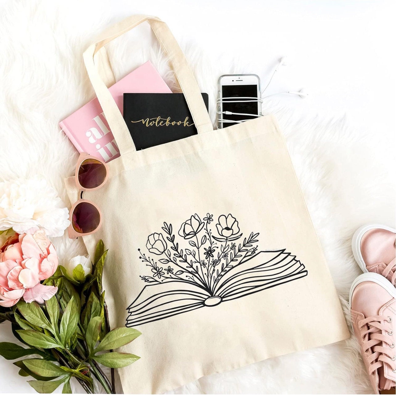 Flowers With Book Canvas Tote Bag / Floral Book / Reusable Shopping Bag ...