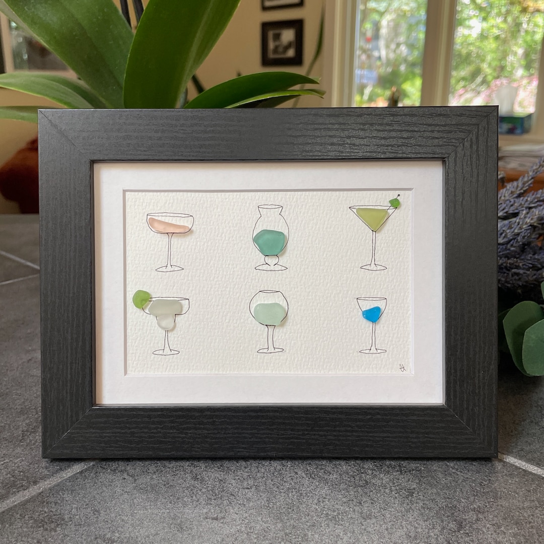 Cocktail Theme Sea Glass Art, Framed 5 X 7 Beach Glass Wall Decor for a ...