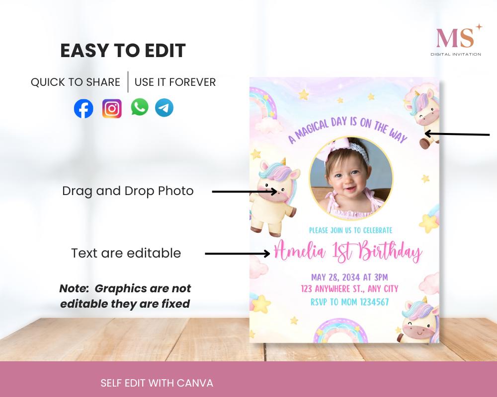 Editable Unicorn Birthday Invitation, Magical Unicorn Digital ...