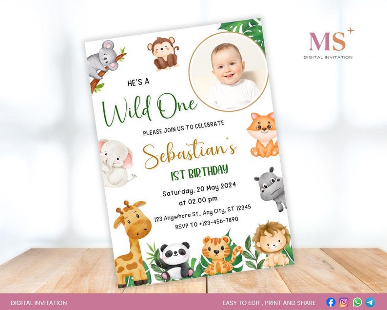 Wild One 1st Birthday Invitation With Photo, Safari Wild One Party ...
