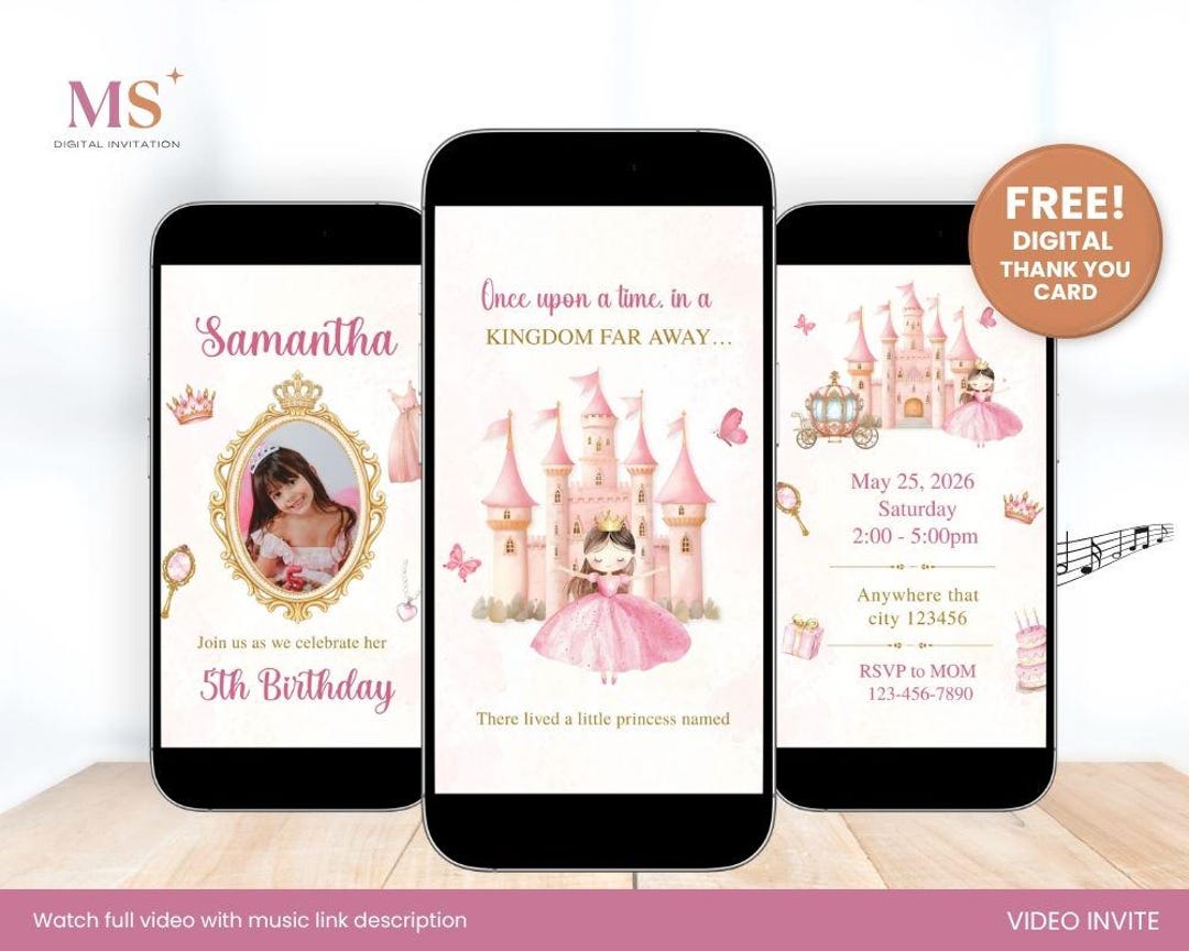 Princess Birthday Digital Invitation Editable Mobile Phone Template ...