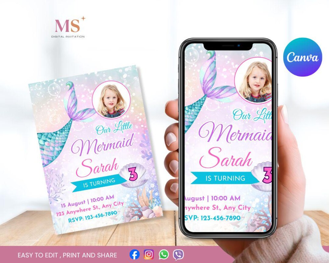 Mermaid Digital Invitation Template, Mermaid Birthday Editable ...