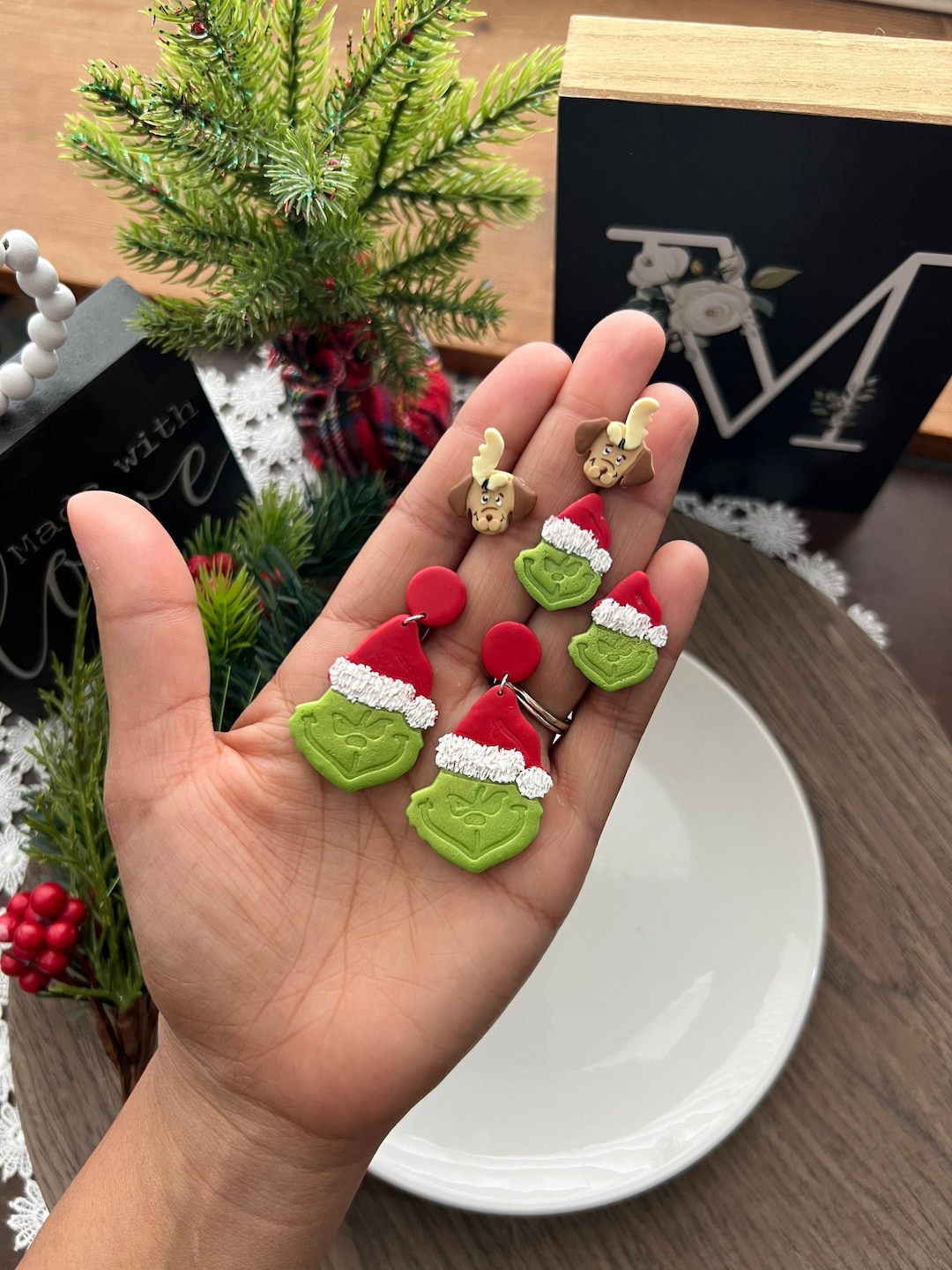 Christmas Clay Dangles and Stud//grinch Theme Clay Earrings. - Etsy