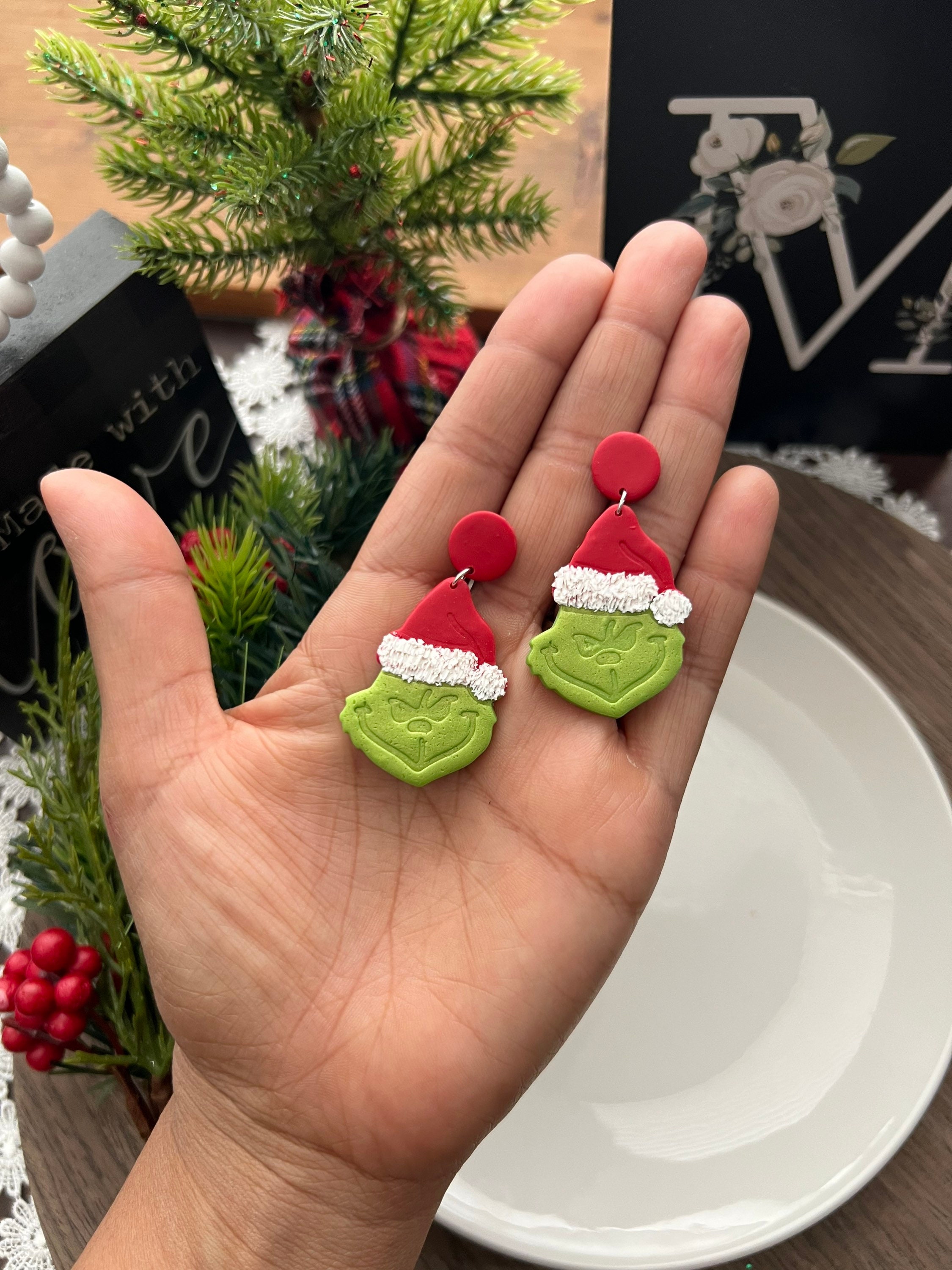 Christmas Clay Dangles and Stud//grinch Theme Clay Earrings. - Etsy