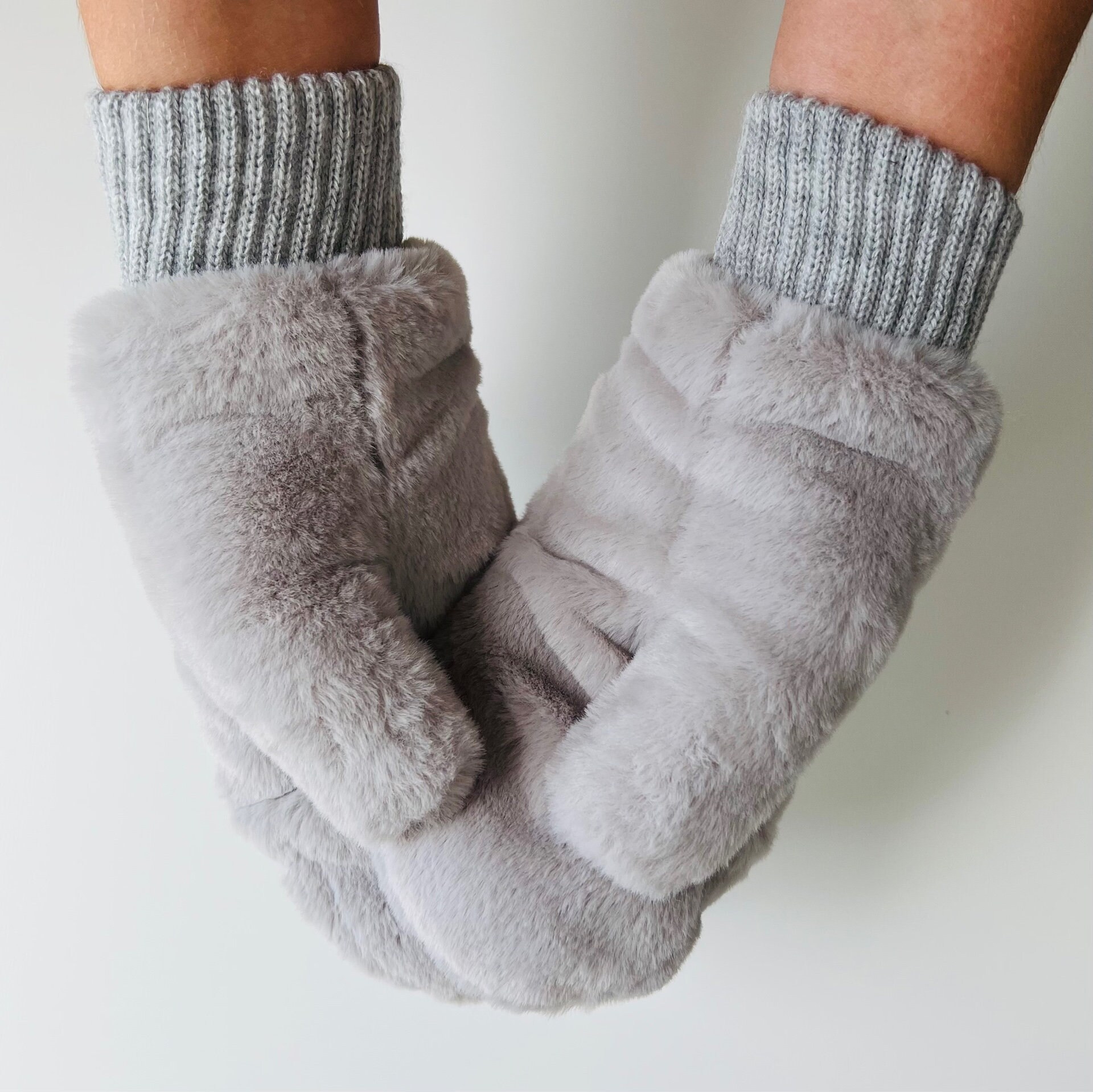 Women's Fur Mittens Handmade Double Mittens Faux Fur Upper Knit Lining ...
