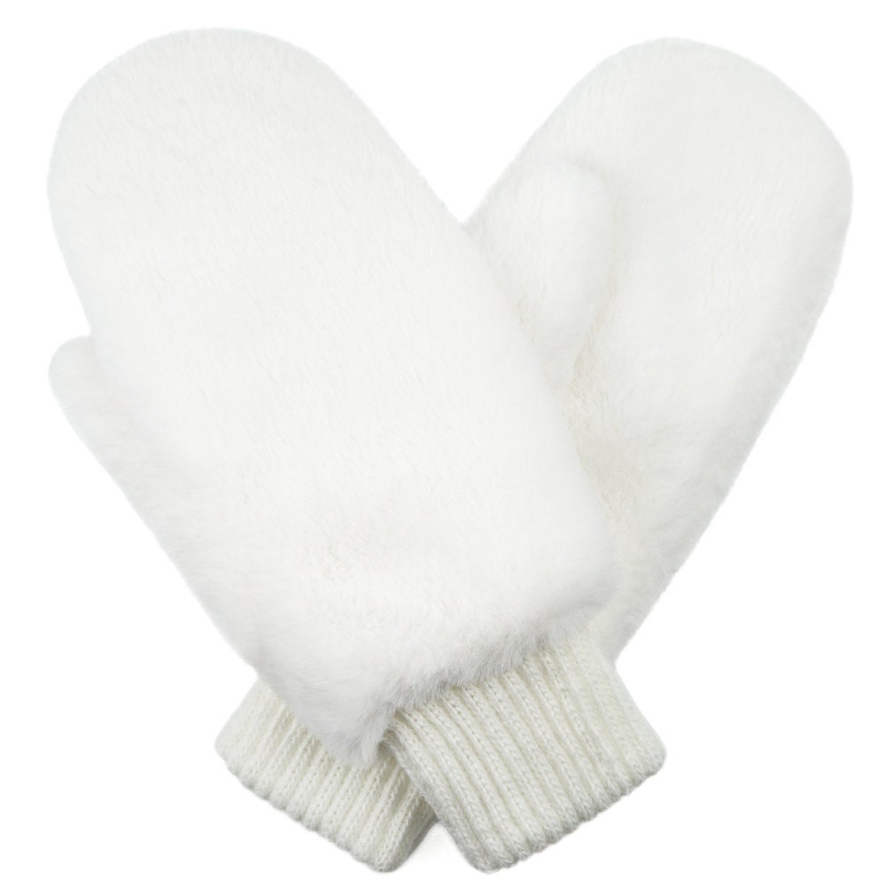 Women's Fur Mittens Handmade Double Mittens Faux Fur Upper Knit Lining ...