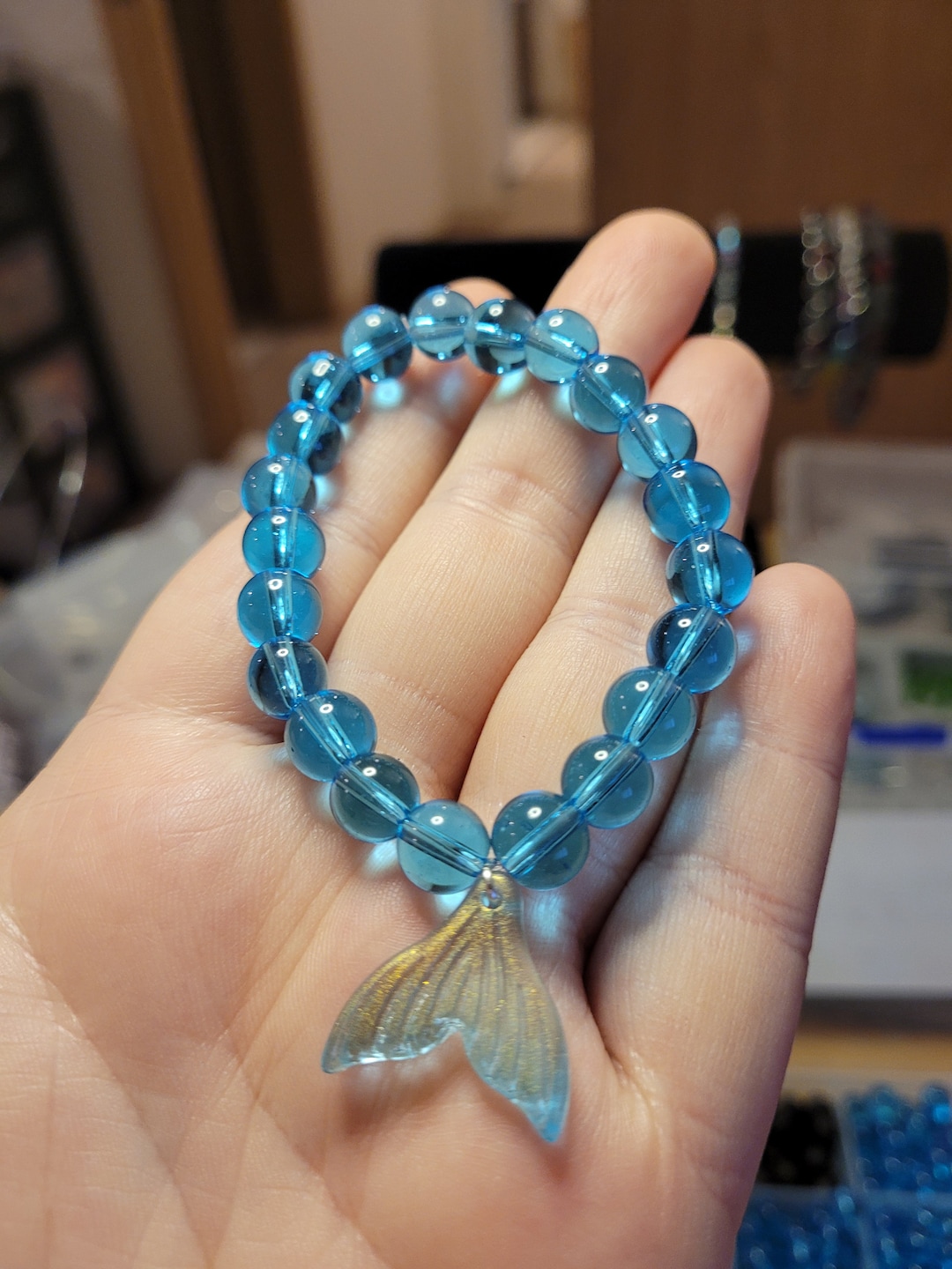 Mermaid Sea Glass Bracelet, Marble Iridescent Beads, Mermaid Tail ...