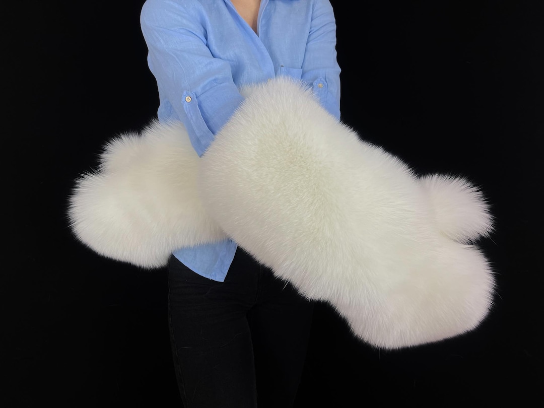 Shadow Blue Fox Fur White Mittens With Wool Lining (saga Furs) (custom ...