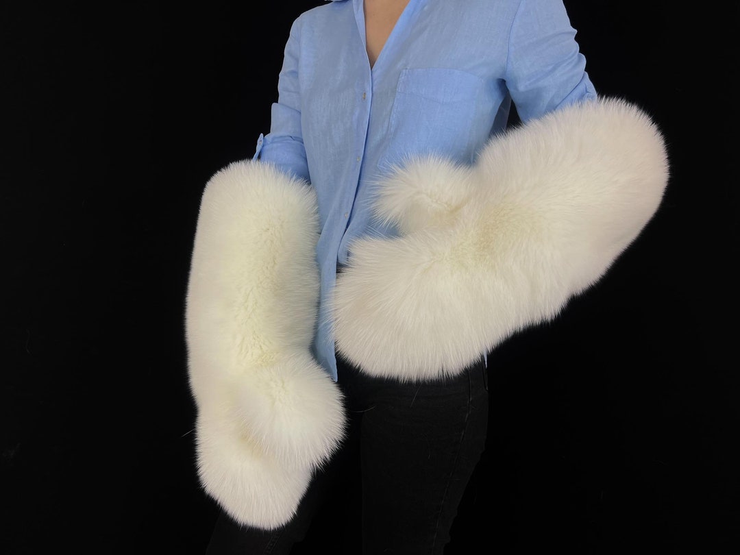 Shadow Blue Fox Fur White Mittens With Wool Lining saga Furs custom Fit ...