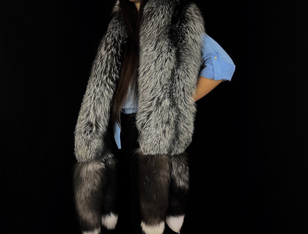 Real Silver Fox Fur Double Side Stole With 4 Detachable Tails saga Furs ...