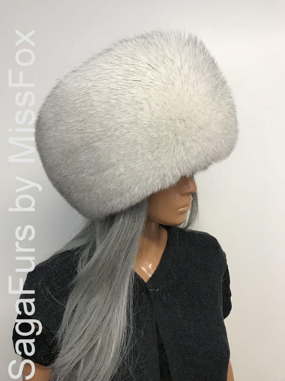 Blue Fox Fur Round Hat With Satin Lining Unisex (saga Furs) - Etsy