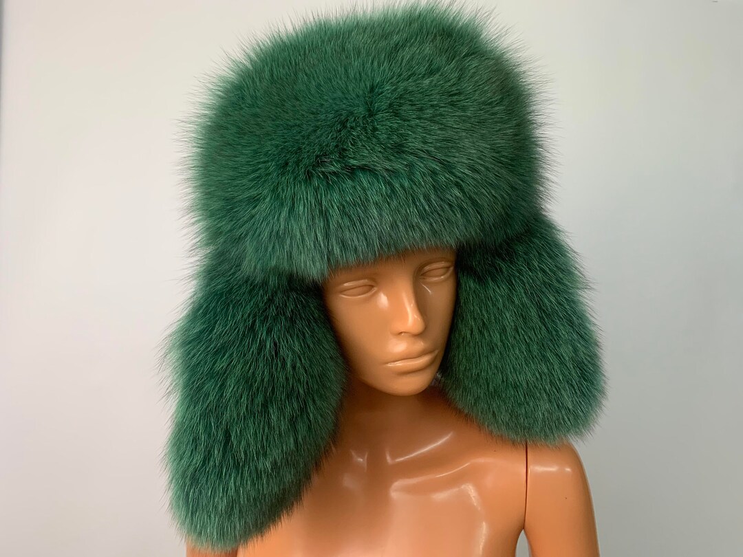 Ushanka Hat Blue Fox in Green Emerald With Leather Top (buttons ...