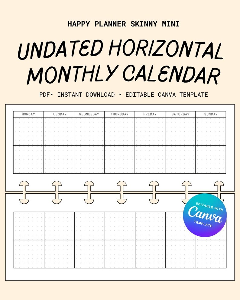 Editable Undated Monthly Calendar • Happy Planner Skinny Mini Insert ...