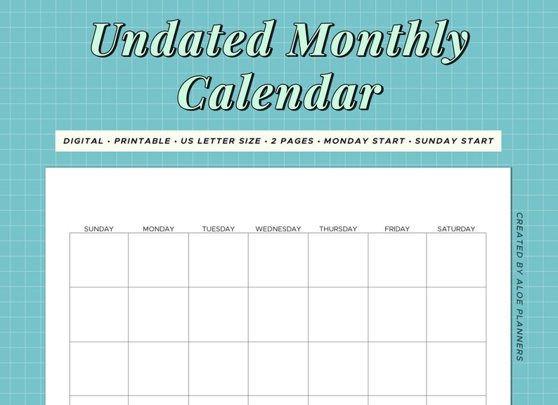 Simple Monthly Planner Printable Horizontal Calendar PDF - Etsy