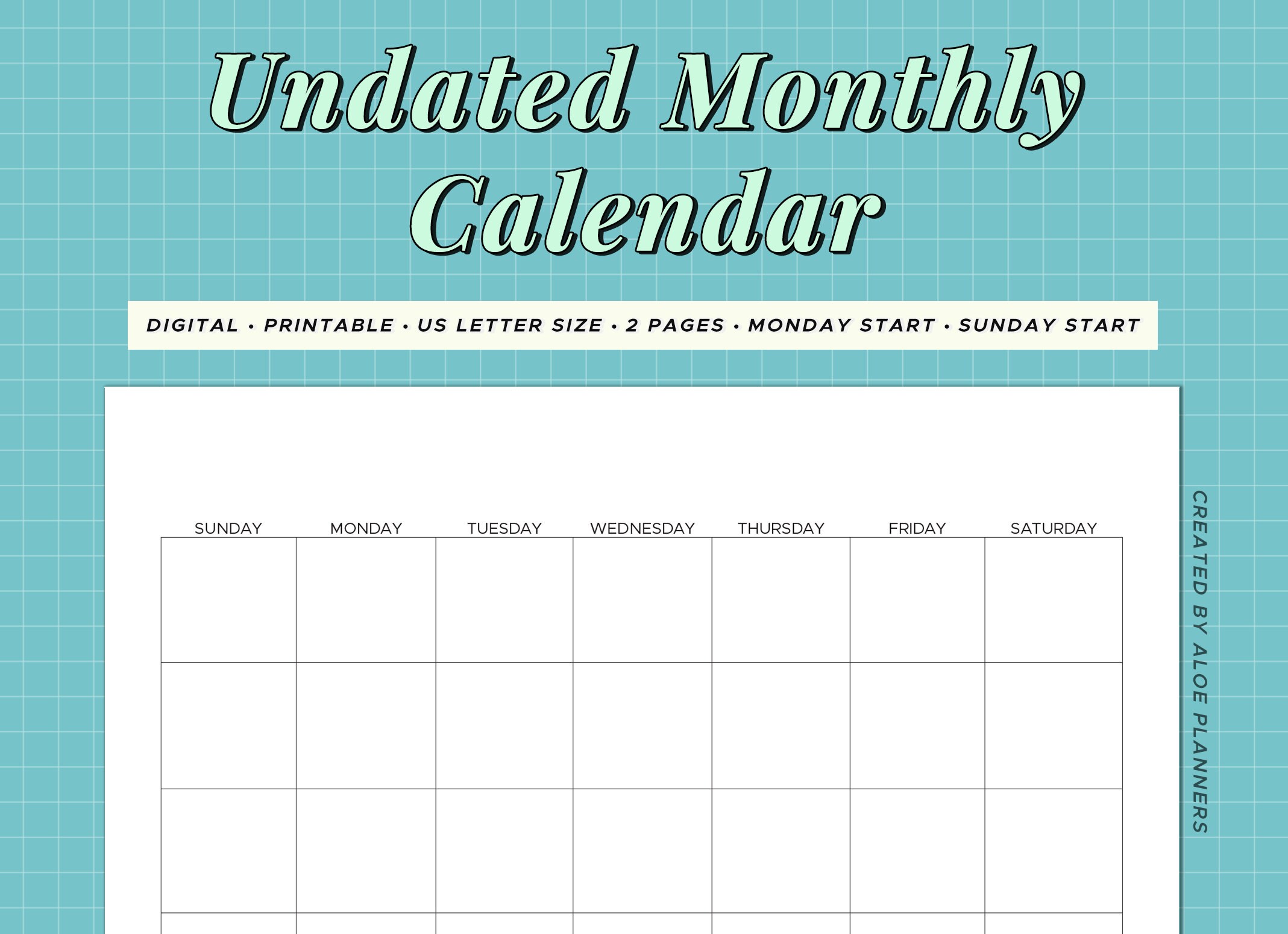 Simple Monthly Planner Printable Horizontal Calendar PDF - Etsy