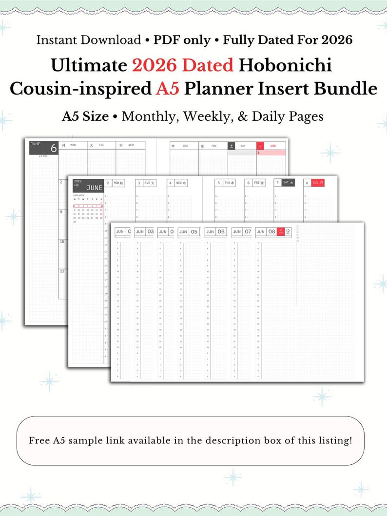 2026 Dated Hobonichi Cousin A5 Planner Inserts (PDF Download) - Etsy