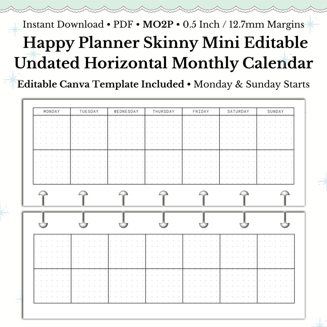 Editable Happy Planner Skinny Mini Month Calendar MO2P Printable HP ...