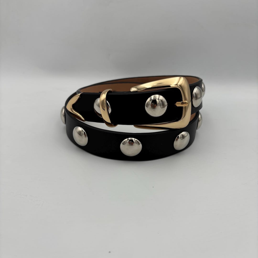 Real Leather Studded Belt | Mixed Metal Buckle, Silver Studs - Etsy