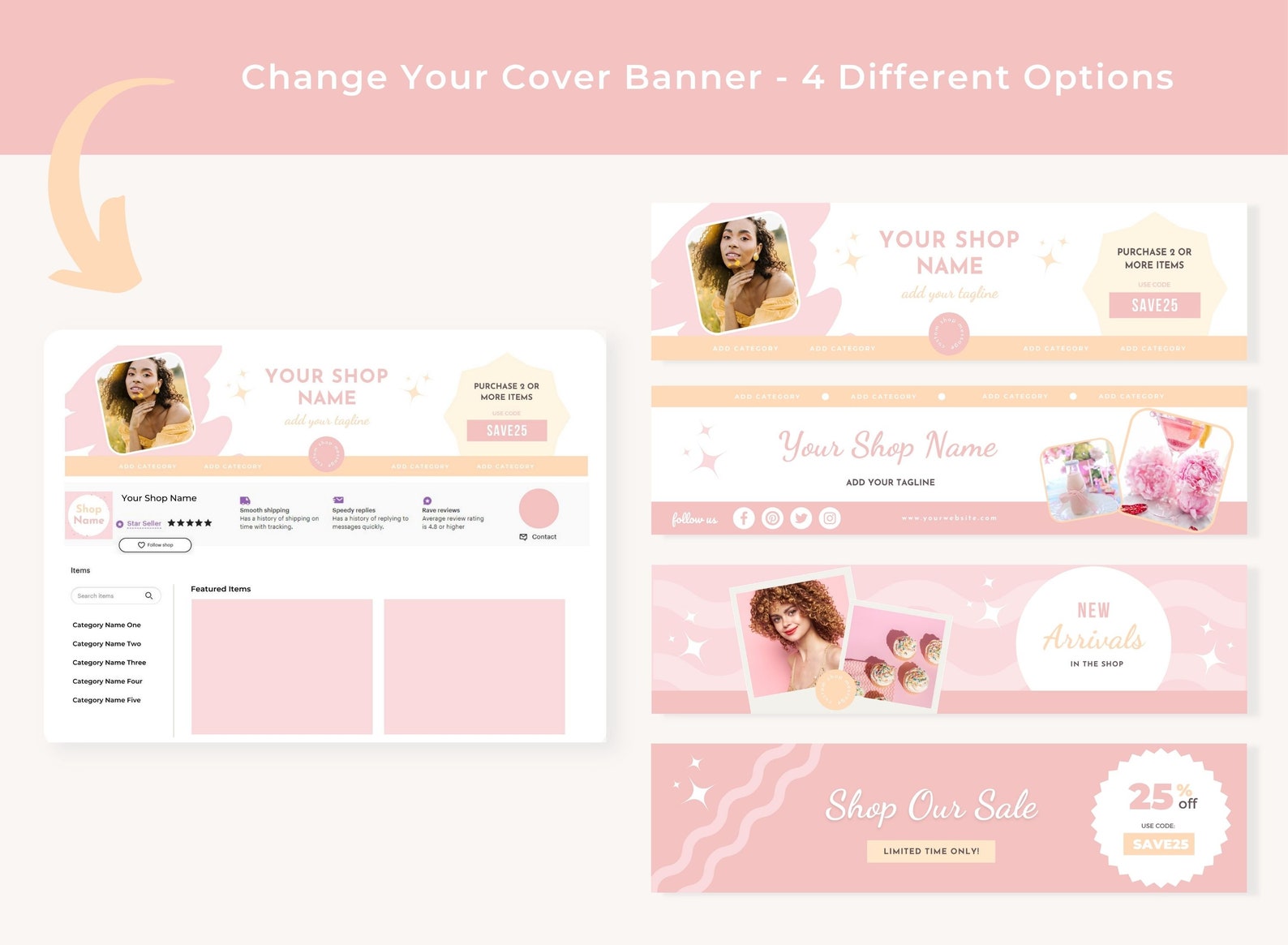 Pink Etsy Shop Banner Set, Etsy Branding Kit, Canva Templates, Etsy ...
