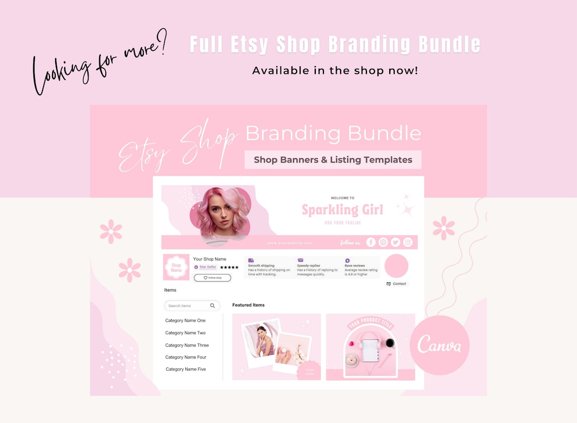 Pink Etsy Shop Banner Templates Etsy Branding Kit Light Pink Canva ...