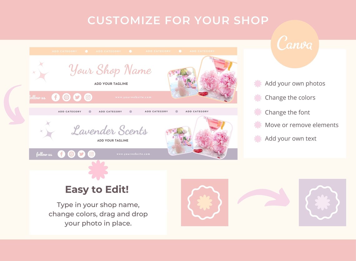 Pink Etsy Shop Banner Set, Etsy Branding Kit, Canva Templates, Etsy ...