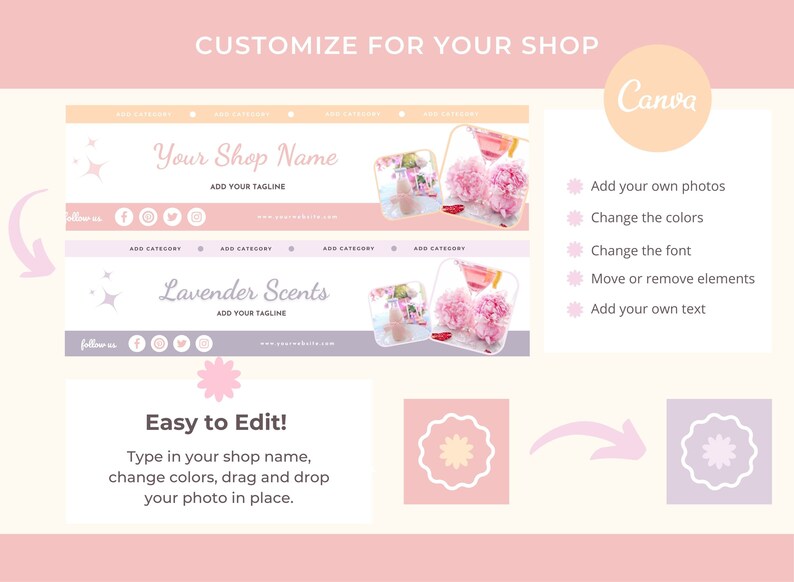 Pink Etsy Shop Banner Set, Etsy Branding Kit, Canva Templates, Etsy ...