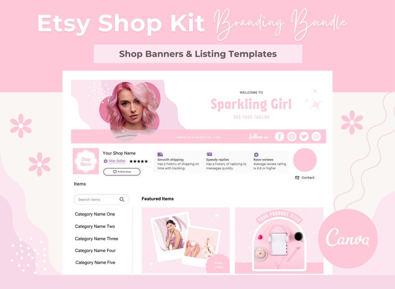 Etsy Shop Banner Templates Canva Light Pink Branding Kit - Etsy