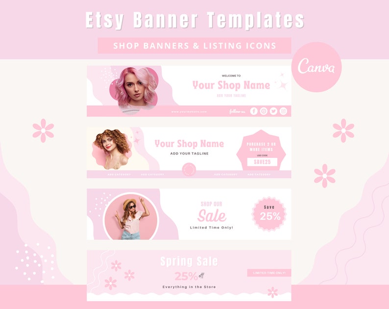 Pink Etsy Shop Banner Templates, Etsy Branding Kit, Light Pink Canva ...