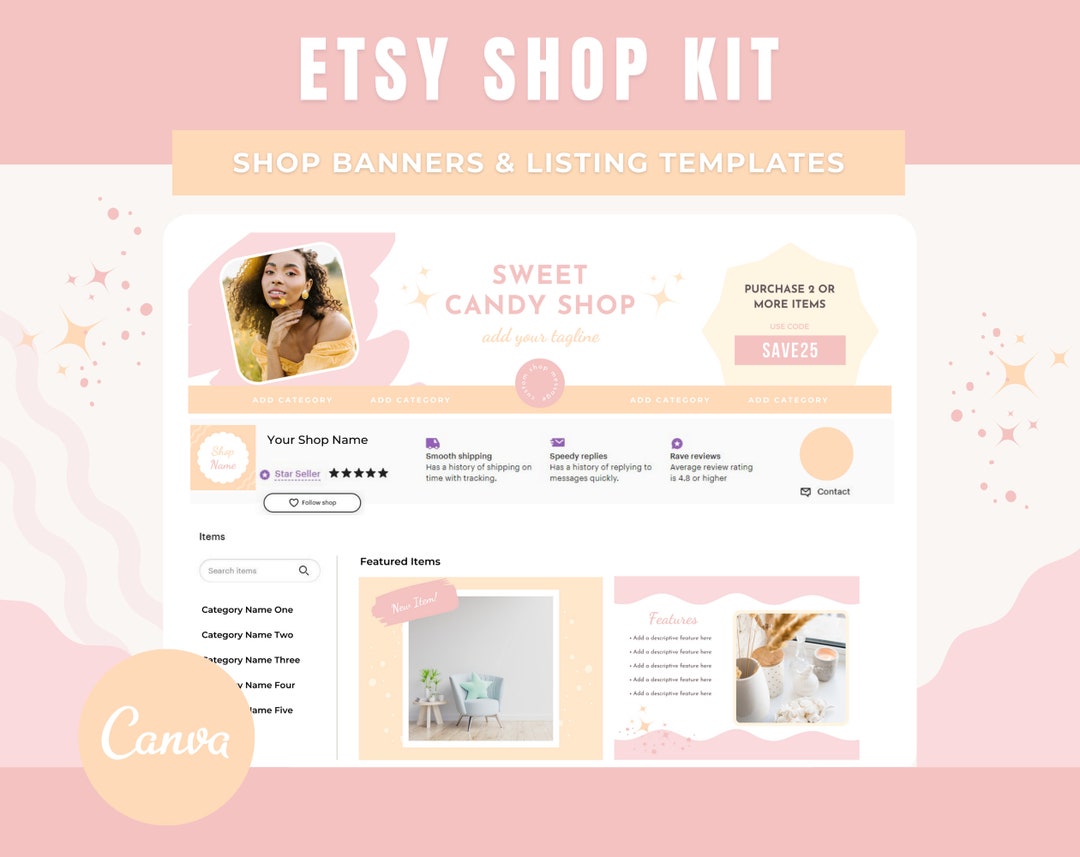 Pink Etsy Shop Banner Templates, Etsy Shop Kit, Canva Template Bundle ...