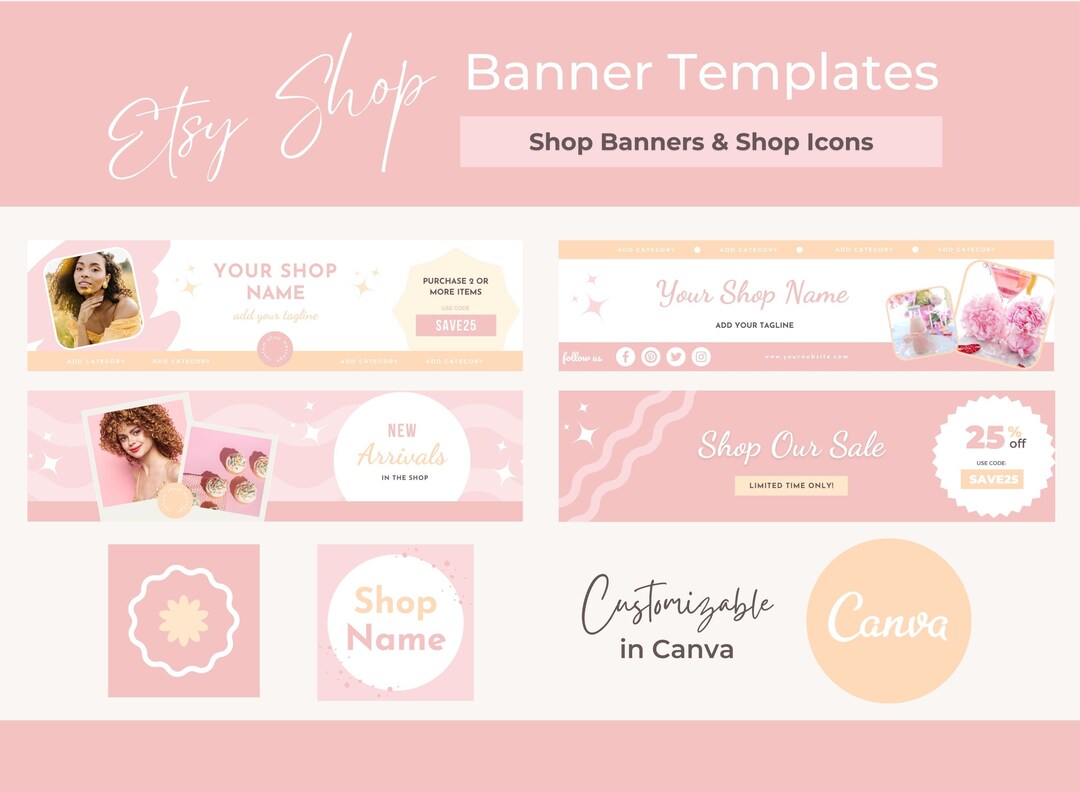 Pink Etsy Shop Banner Set Etsy Branding Kit Canva - Etsy