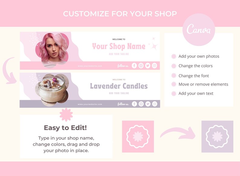 Pink Etsy Shop Banner Templates, Etsy Branding Kit, Light Pink Canva ...