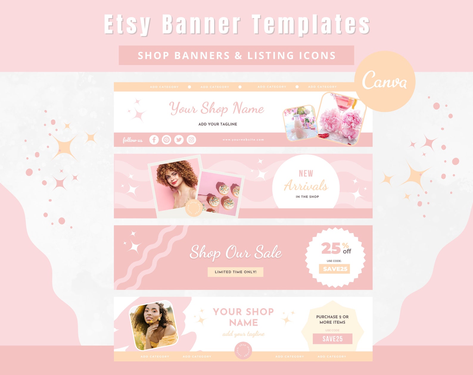 Pink Etsy Shop Banner Set, Etsy Branding Kit, Canva Templates, Etsy ...