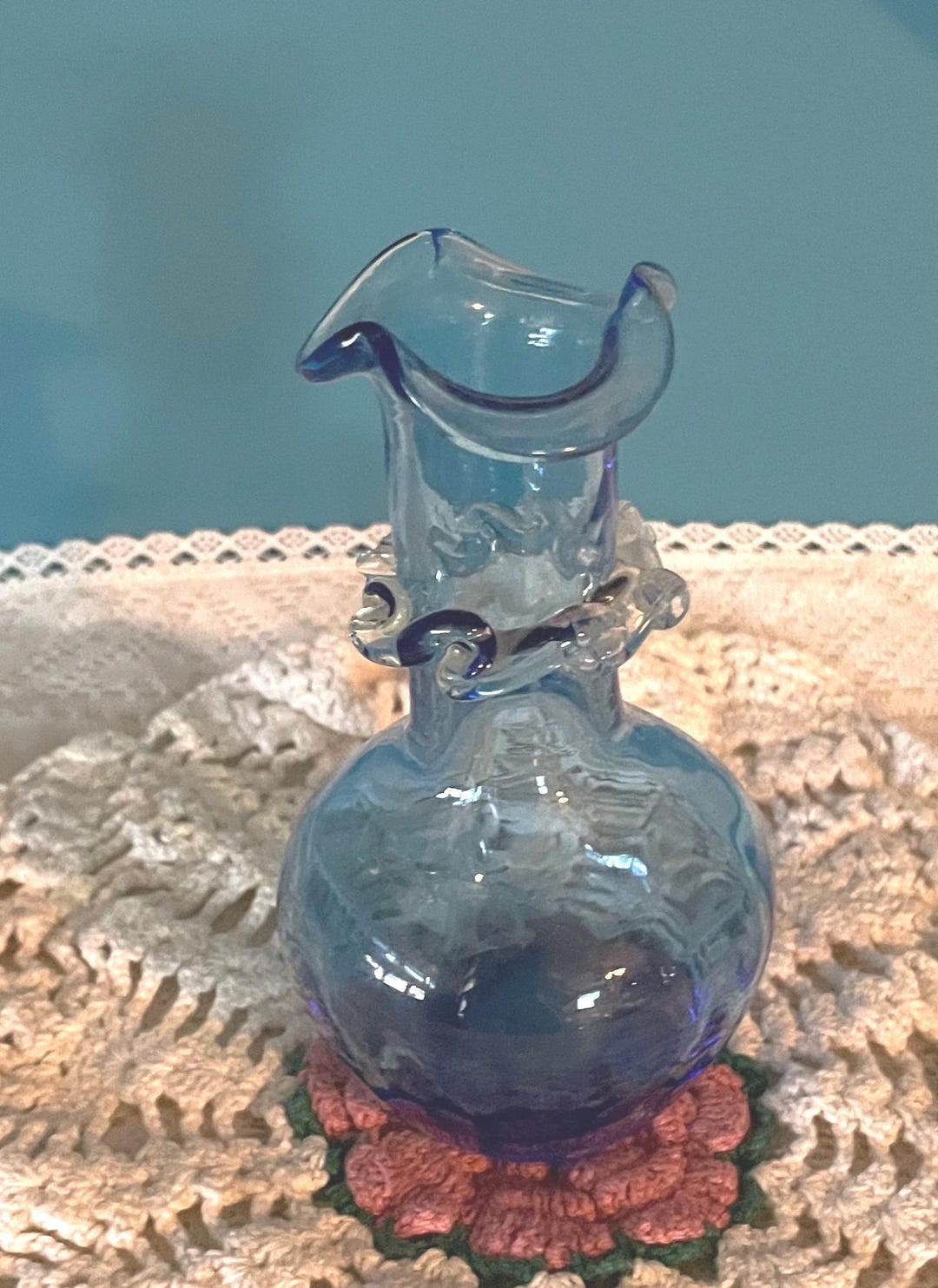 Vintage Mcm Blue Art Glass Vase Applied Collar - Etsy