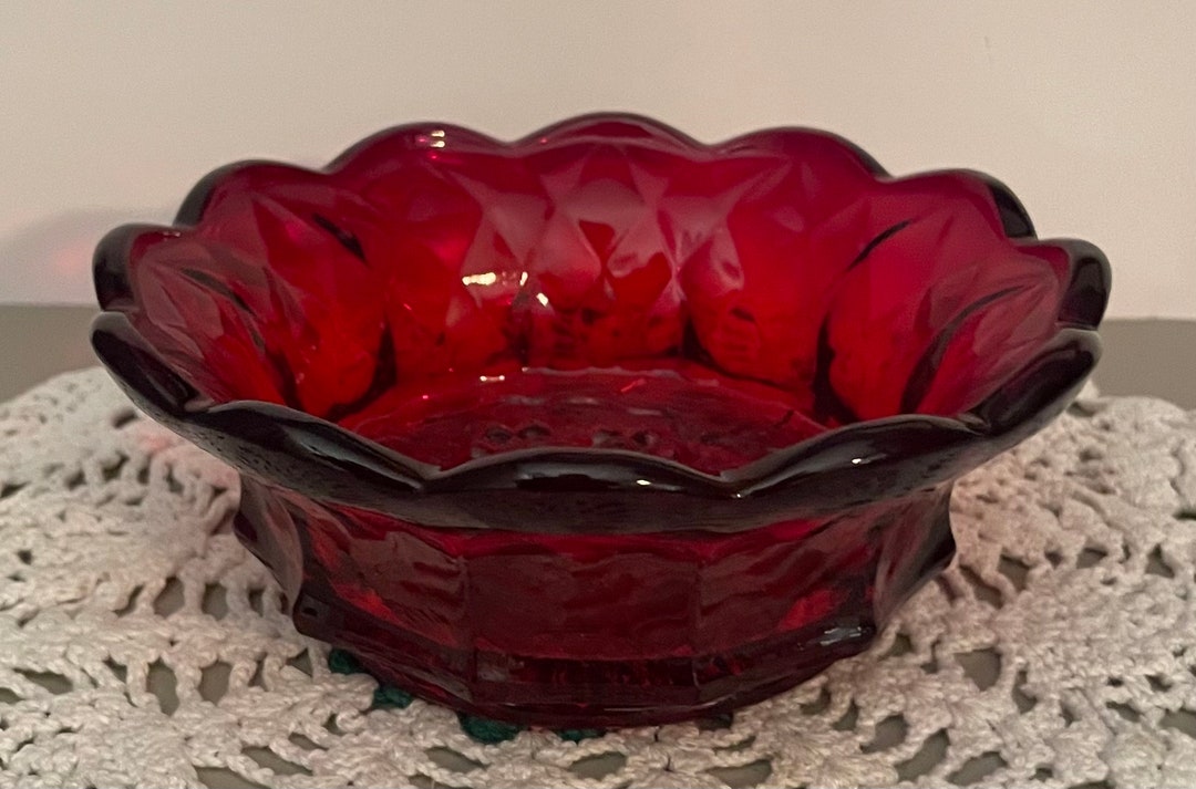 Vintage Fenton Glass Ruby Red Bowl, Scalloped Edge Dish, Diamond ...