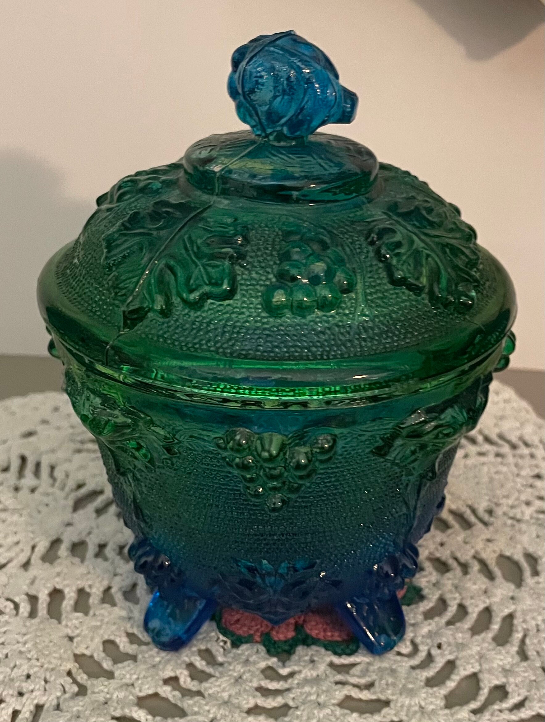 Vintage 1950s Blue Green Candy Vanity Powder Jar With Grapes and Leaves ...
