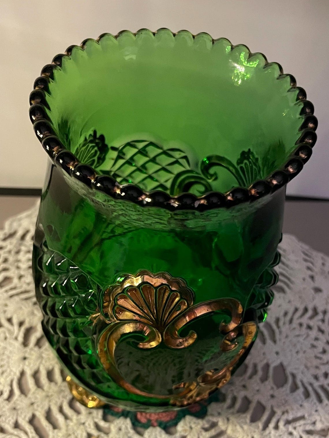 Antique 1897 EAPG Riverside Glass Croesus Pattern Emerald Green & Gold ...