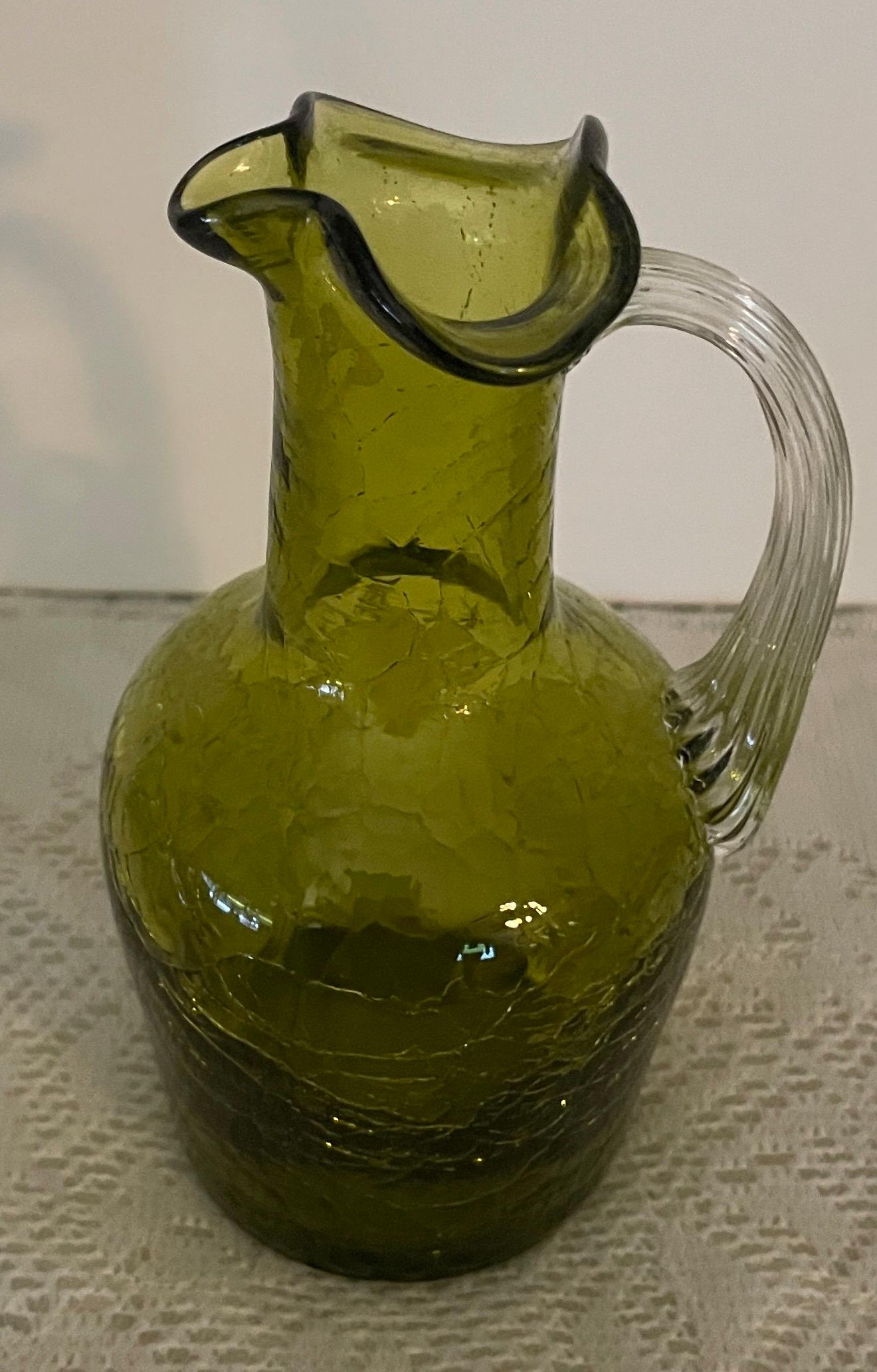 Mcm Crackle Glass Green Pitcher - Etsy