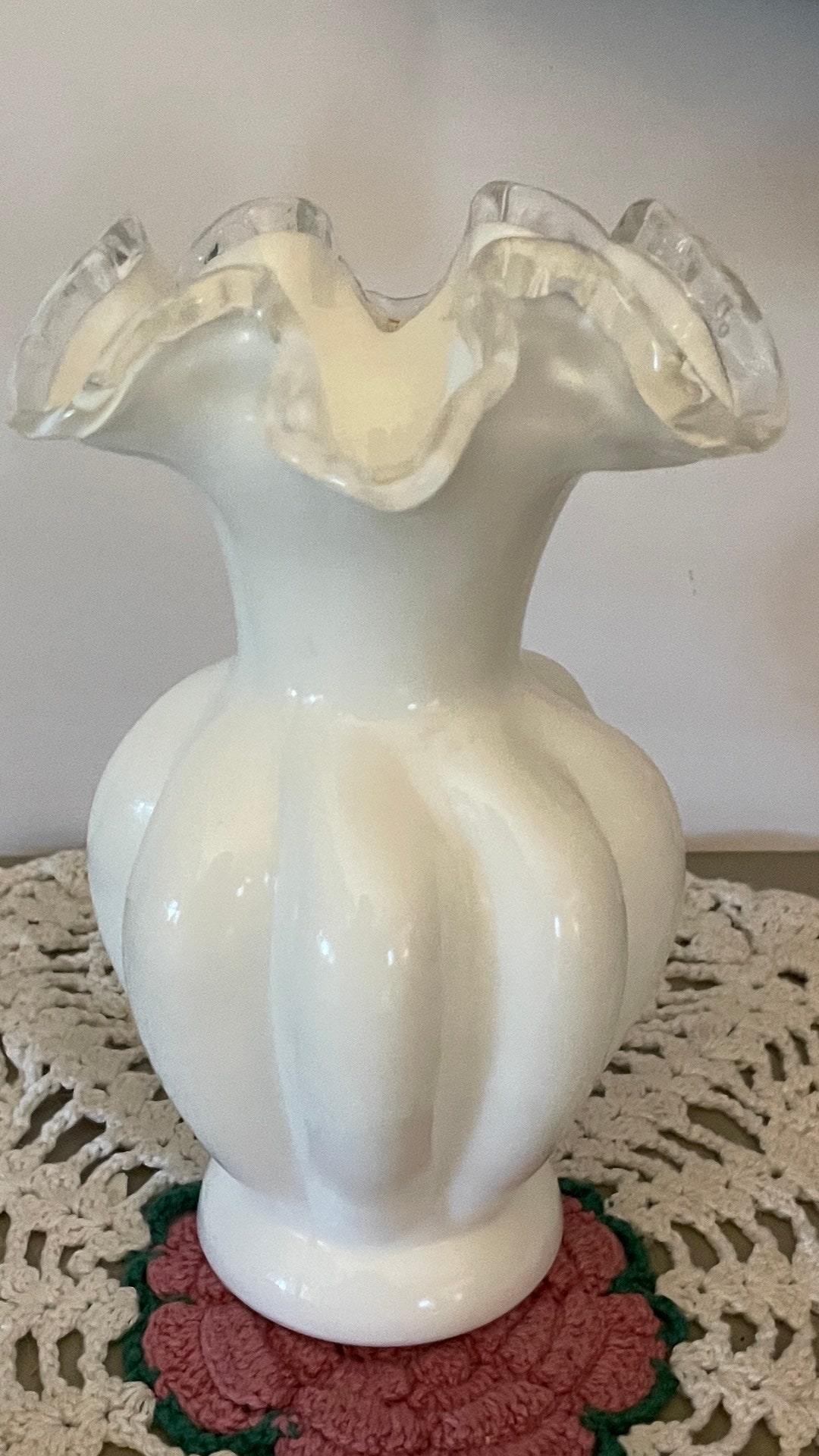 Fenton White Silvercrest Milk Glass Silver Ruffled Vase - Etsy