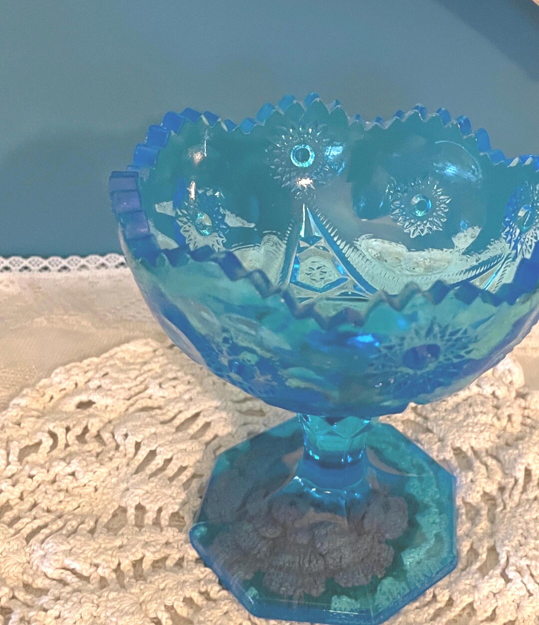Kemple Wheaton Blue Glass Candy Pedestal Dish MCM - Etsy