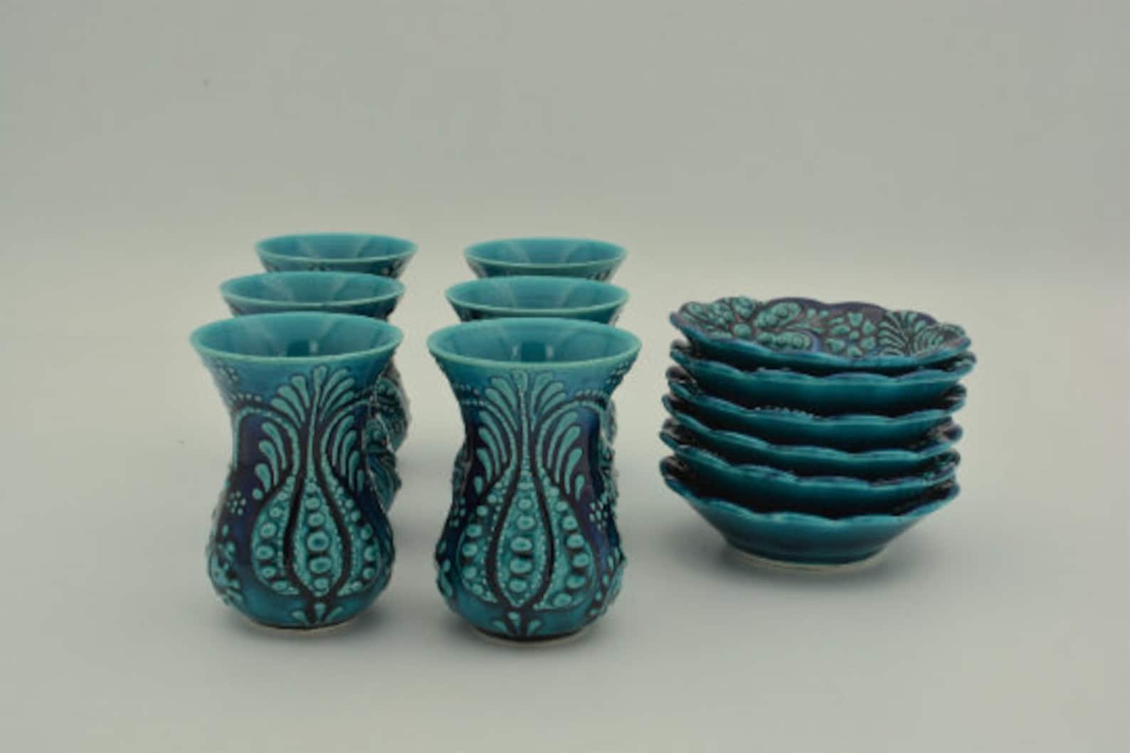 Turkish Ottoman Tea Ceramic Cups Set of 6 Blue Handpainted | Etsy