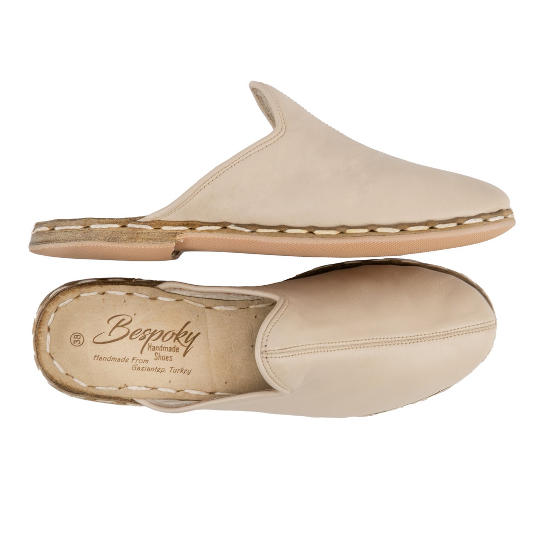 Cream Color Leather Handmade Women Slipper, Pregnant Slipper, Flat ...