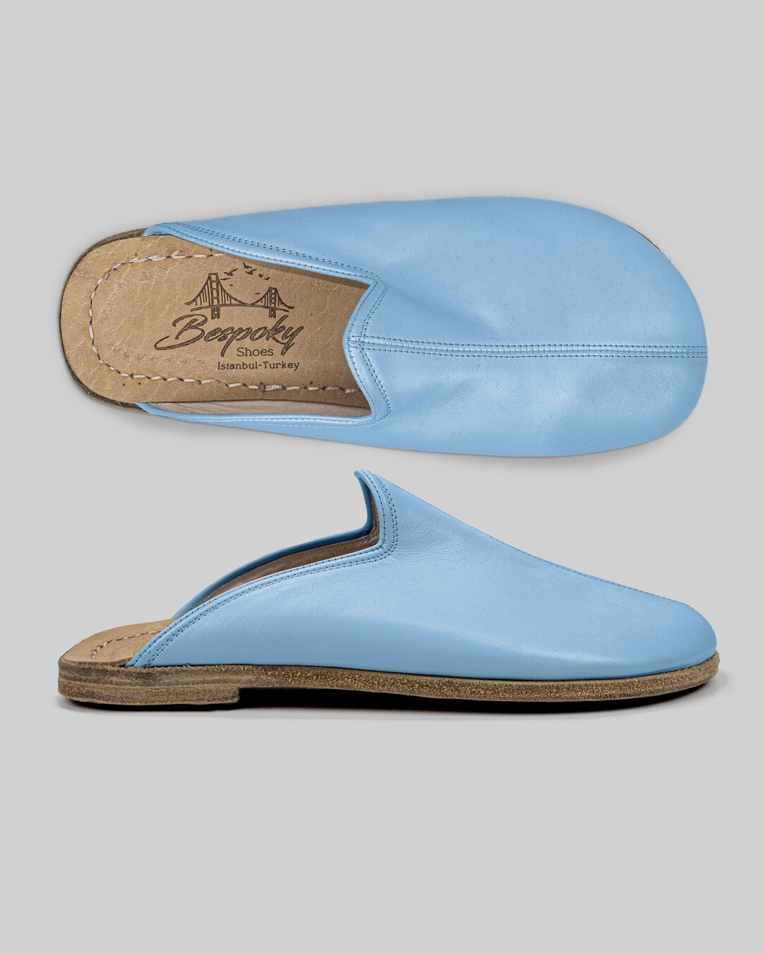 Light Blue Leather Barefoot Slippers, MEN Mule With Heeled, Leather ...