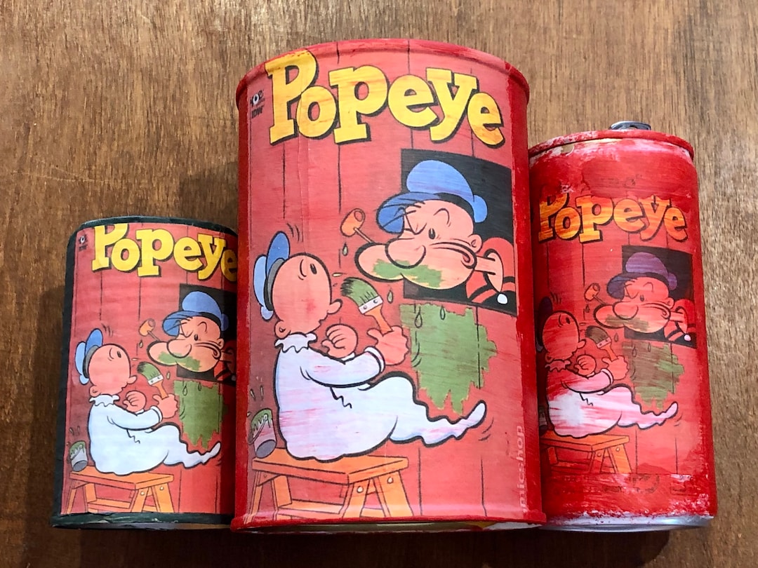 Vintage POPEYE Snoopy Label on Recycled Cans and JARS. Taordesigns 50 ...