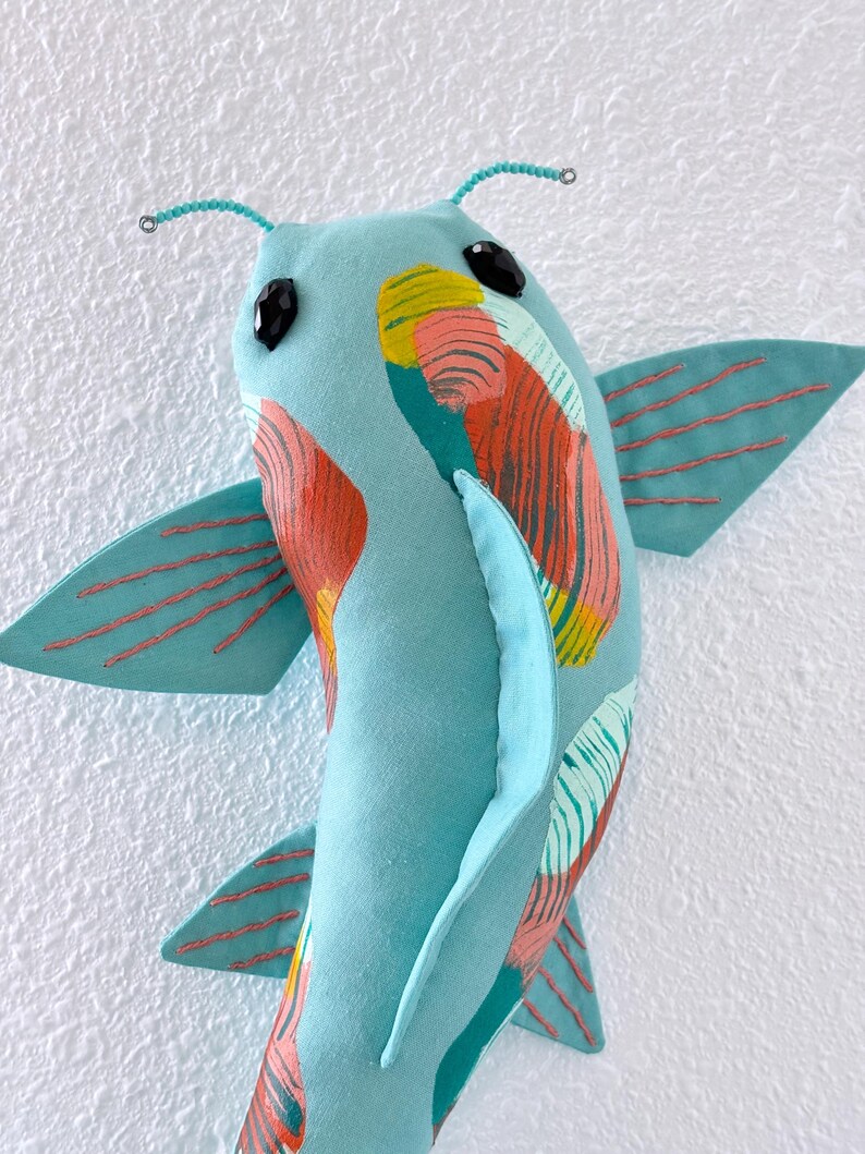 Koi Fish Fabric Wall Sculpture: Teal Textile Art, Embroidered Details ...