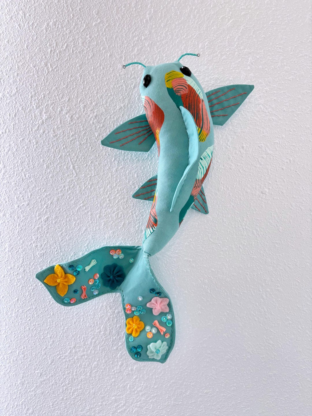 Koi Fish Fabric Wall Sculpture: Teal Textile Art, Embroidered Details ...