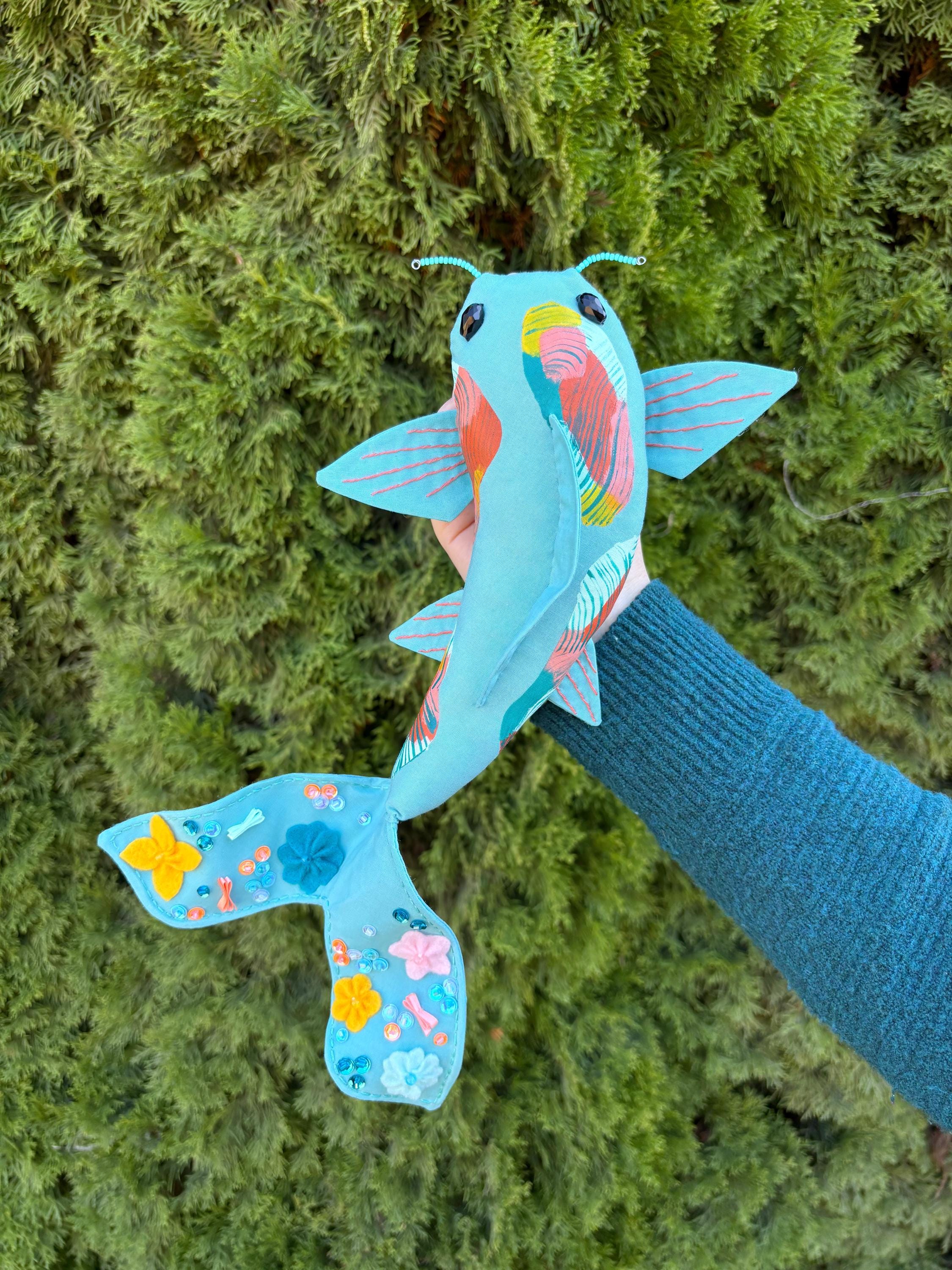 Koi Fish Fabric Wall Sculpture: Teal Textile Art, Embroidered Details ...
