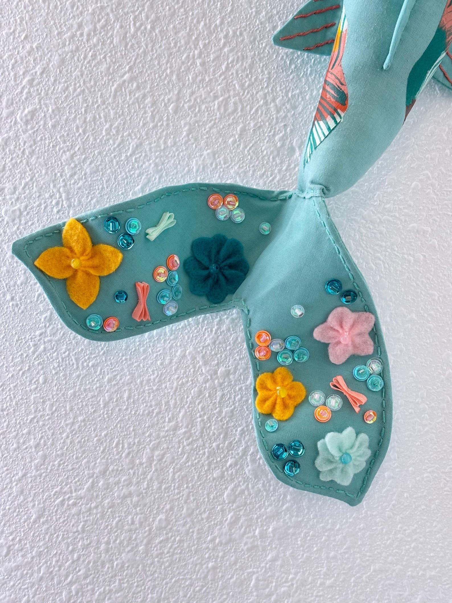 Koi Fish Fabric Wall Sculpture: Teal Textile Art, Embroidered Details ...